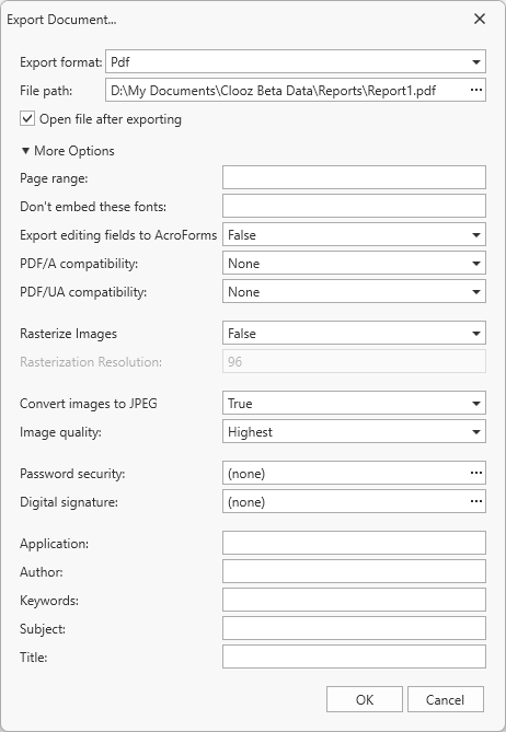 PDF-Specific Export Options