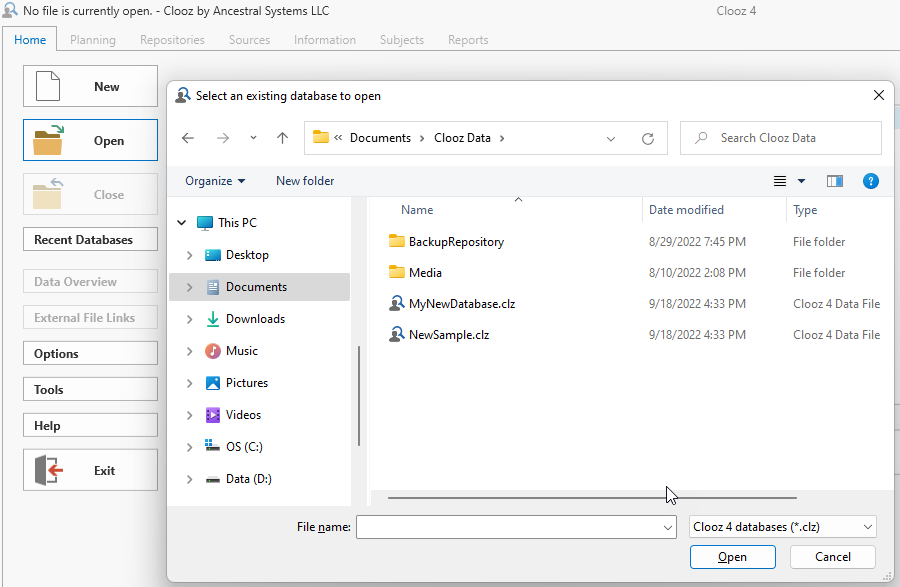 Opening an Existing Database